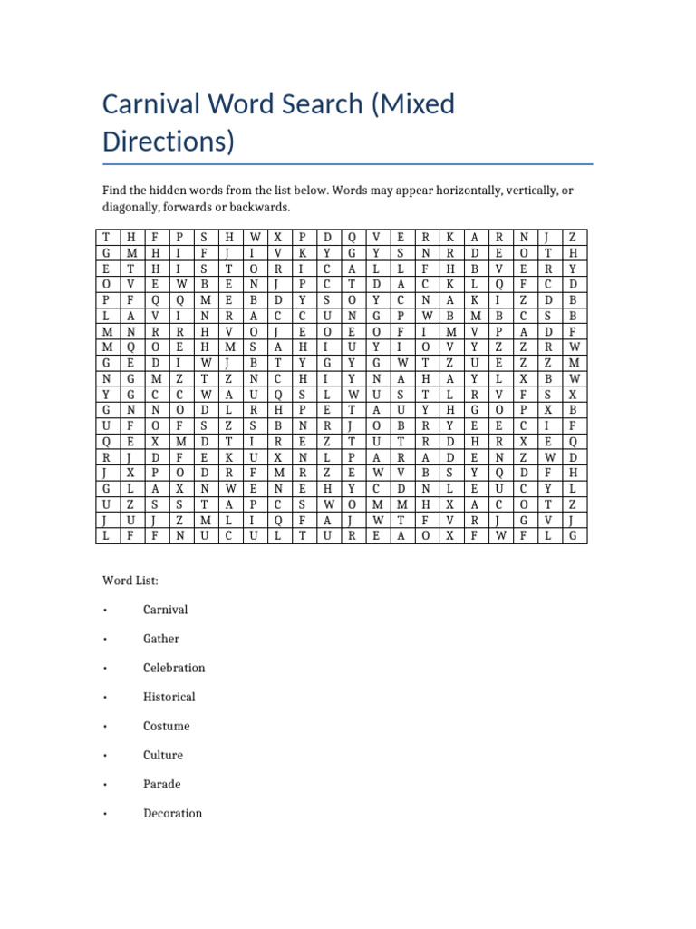 Carnival Word Search Mixed Directions | PDF