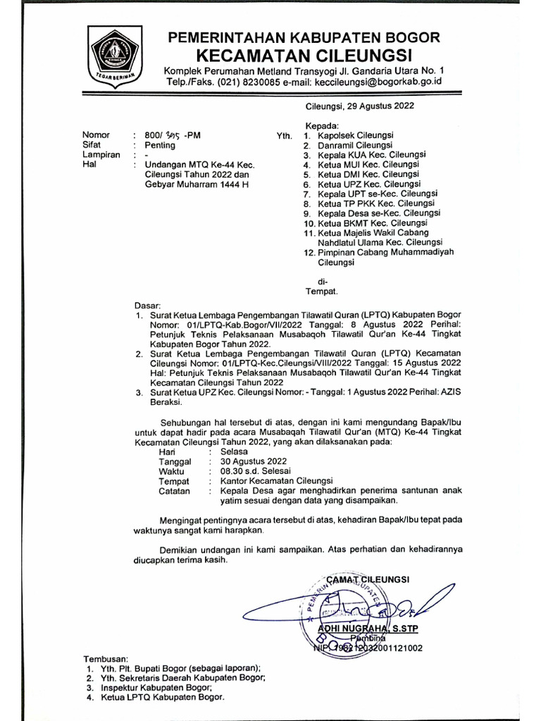 Undangan MTQ Kecamatan 2022 | PDF