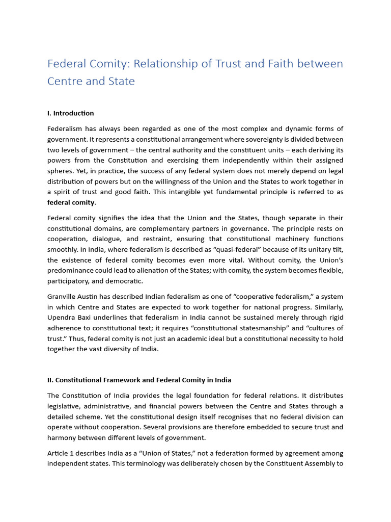Federal Comity: Trust in Centre-State Relations | PDF | Comity | Government