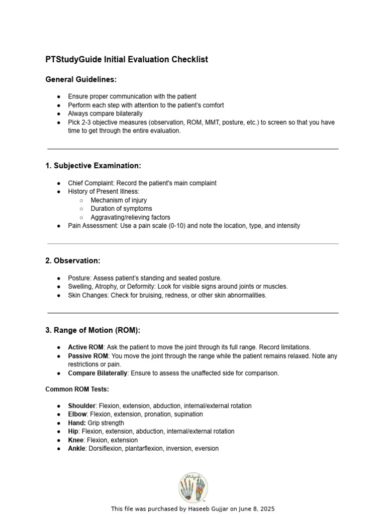 PTStudyGuide Musculoskeletal Exam Checklist | PDF | Anatomical Terms Of ...