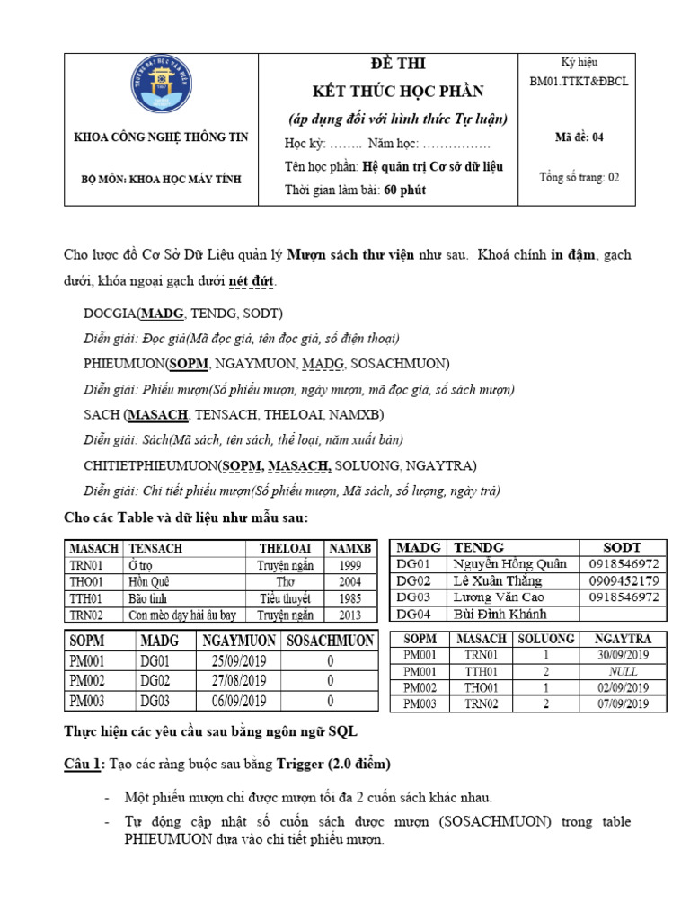 Đề 04 - HQT CSDL | PDF