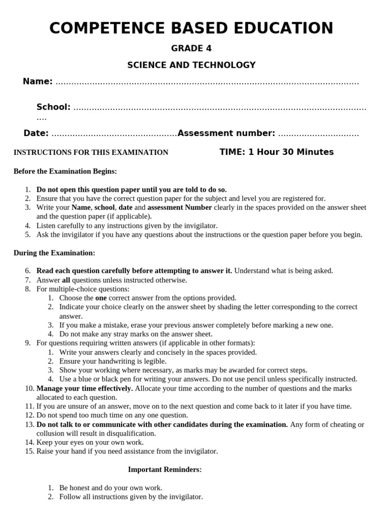 Grade 4 Science and Technology Endterm 2 | PDF | Tooth | Multiple Choice