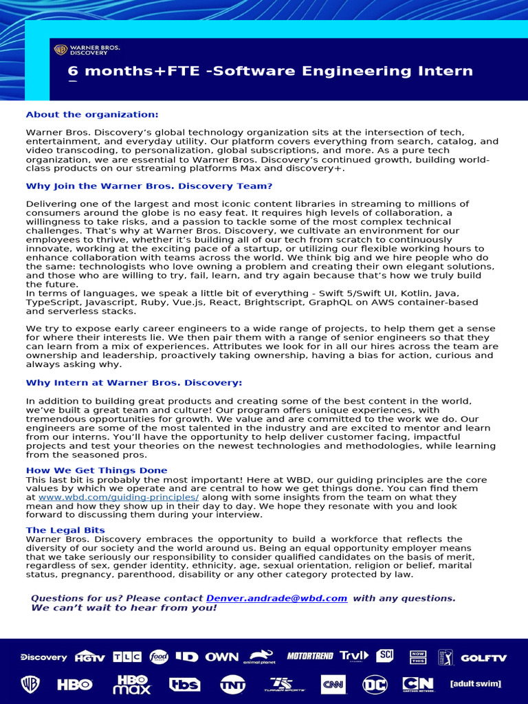 Warner Bros. Software Engineering Intern Program | PDF | Mentorship ...