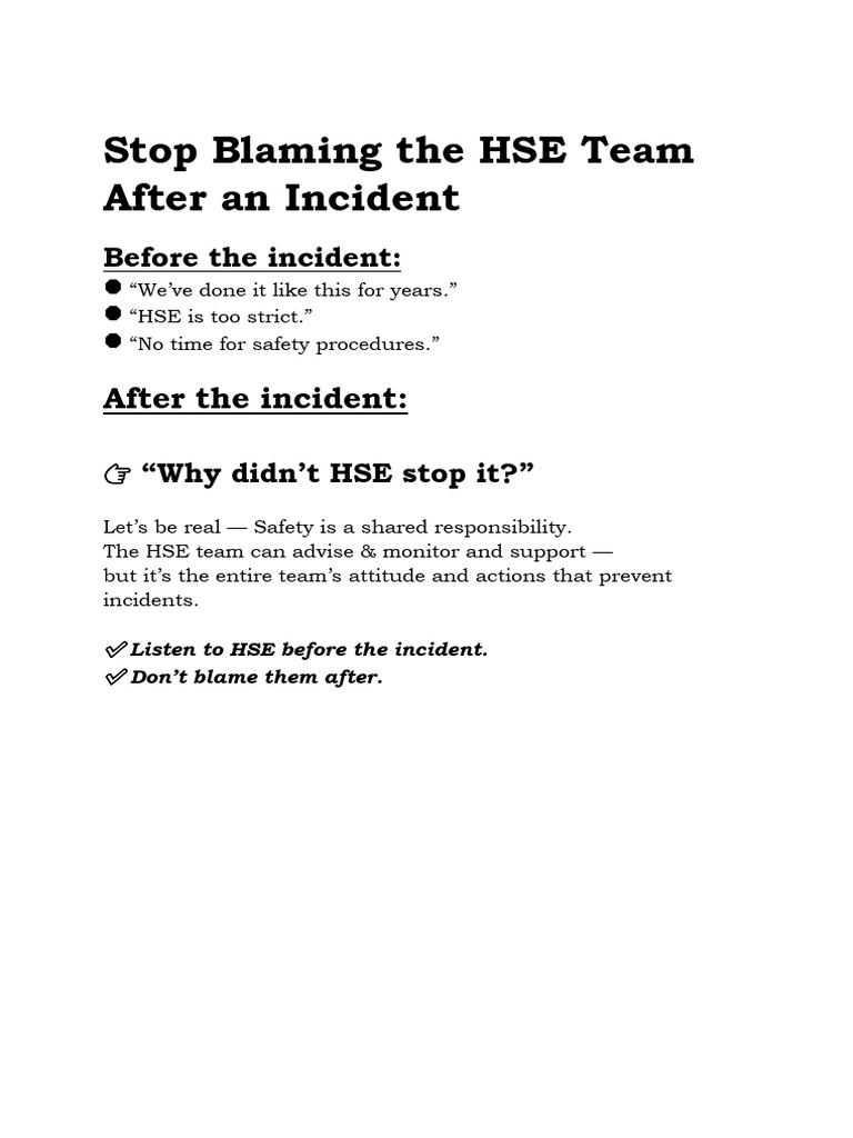 Stop Blaming The HSE Team After An Incident | PDF