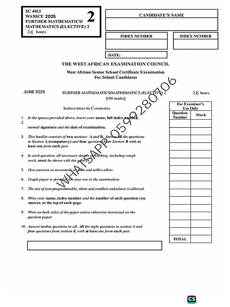 Wassce 2025 Elective Mathematics | PDF