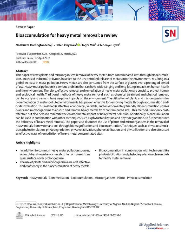 Bioaccumulation for Heavy Metal Remediation | PDF | Soil | Chemistry