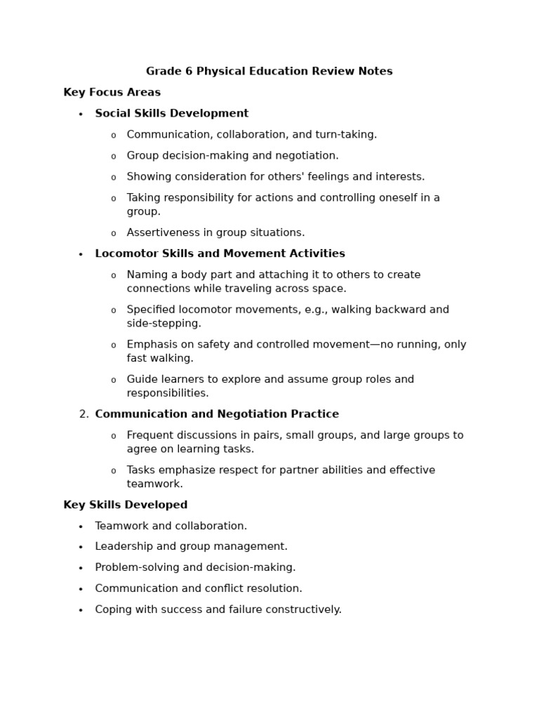 Grade 6 Physical Education Review Notes | PDF