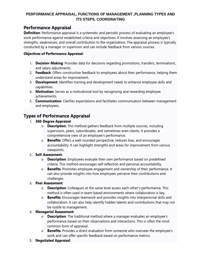 Performance Appraisal, Functions of Management, Planning Types and Its ...