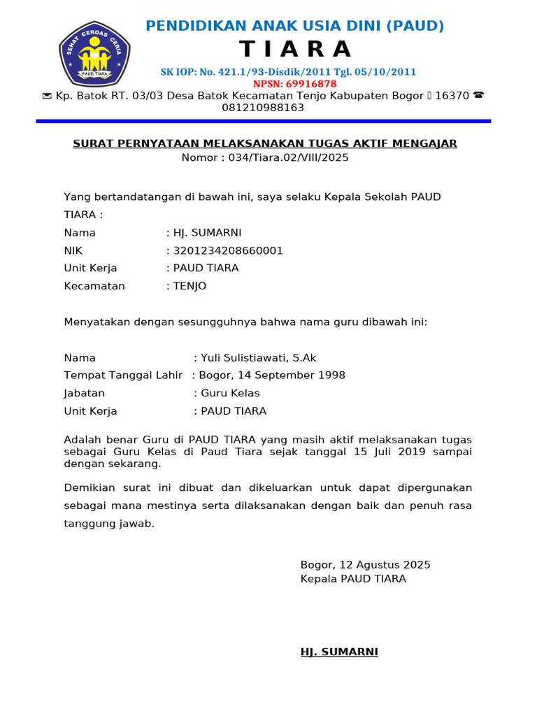 Surat Aktif Mengajar PAUD Tiara | PDF