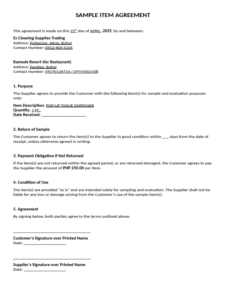 Sample Item Agreement | PDF