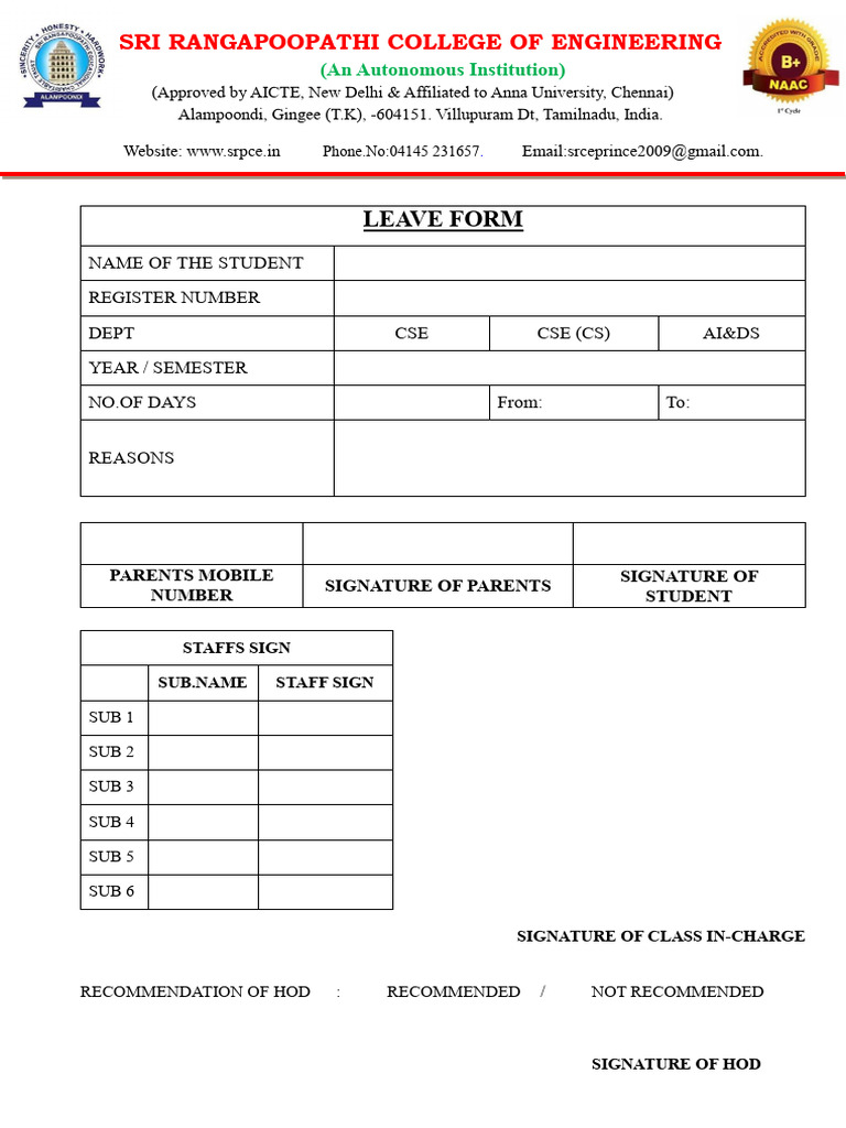 Student Leave Form | PDF