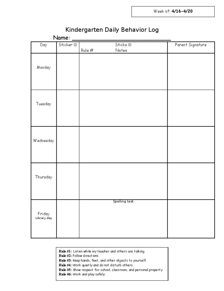 Kindergarten Daily Behavior Log