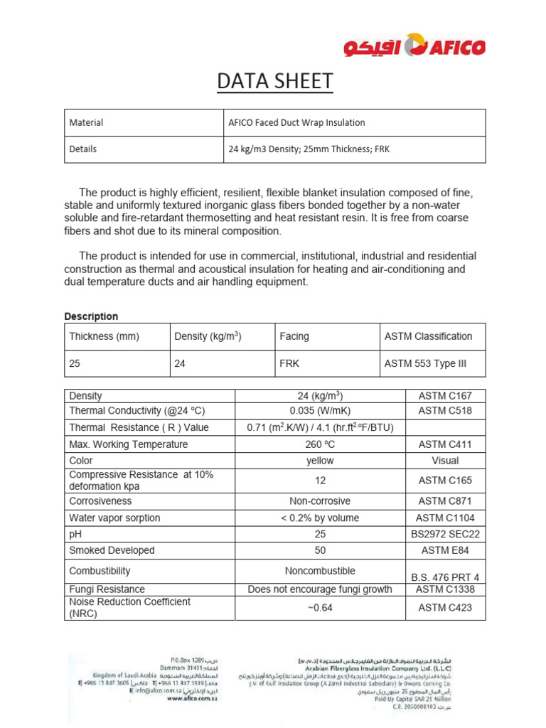 AFICO Duct Wrap Insulation Data Sheet | PDF