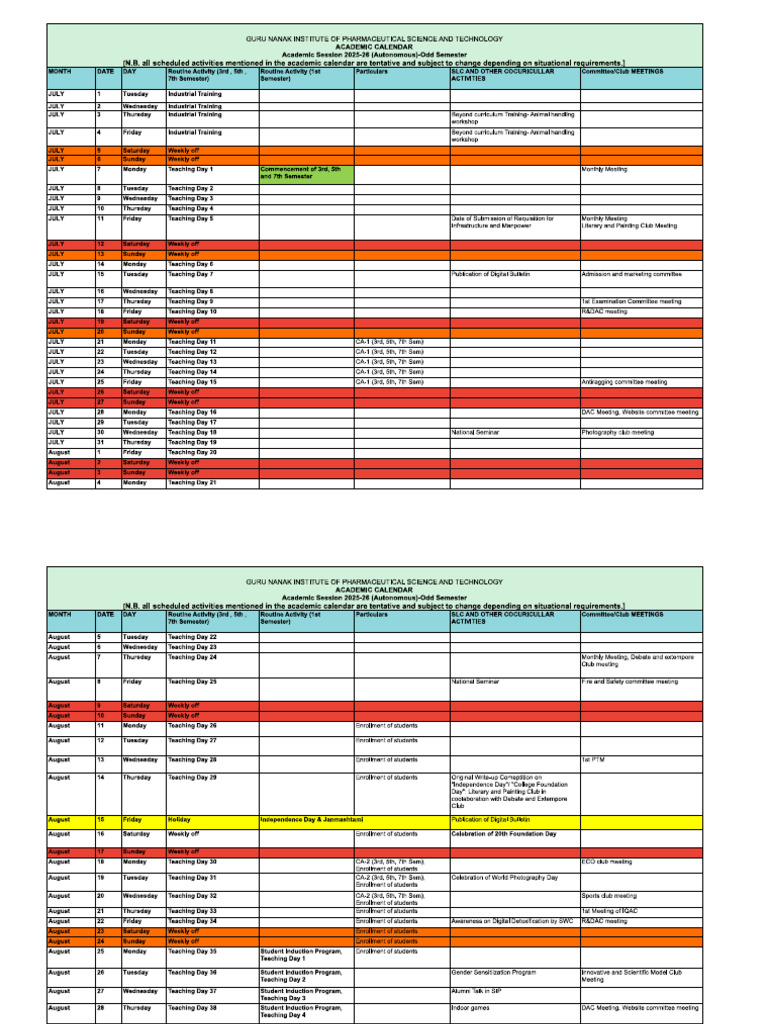 Academic Calendar Odd Semester 2025 26 GNIPST 1 | PDF