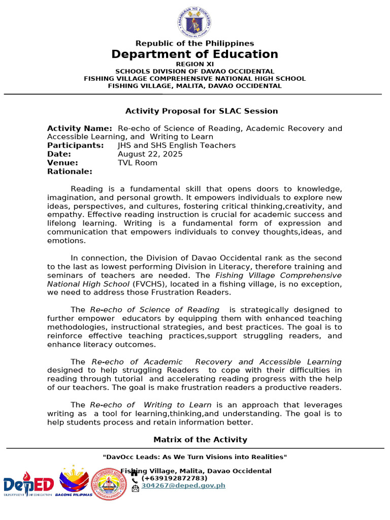 Activity Proposal For LAC Session | PDF | Teachers | Literacy