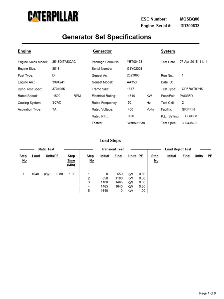 Generator Set Test Report Summary | PDF | Electric Generator | Quantity
