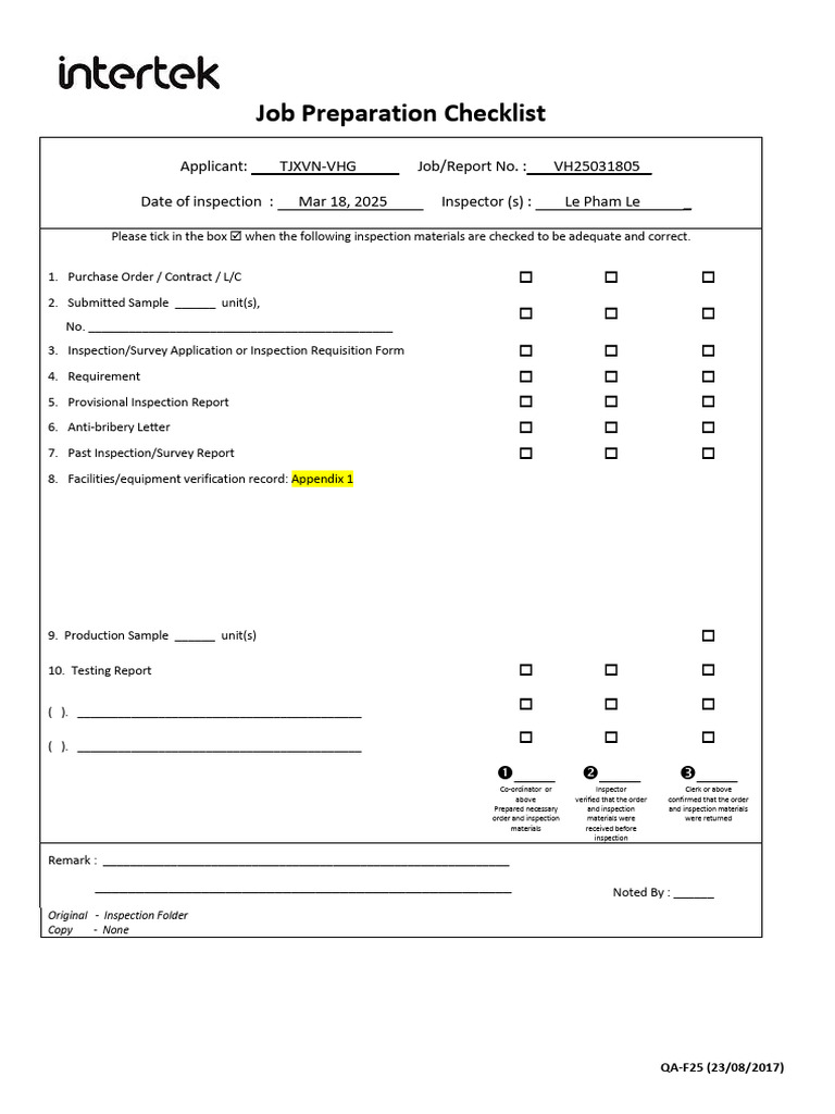 Job Preparation Inspection Checklist | PDF
