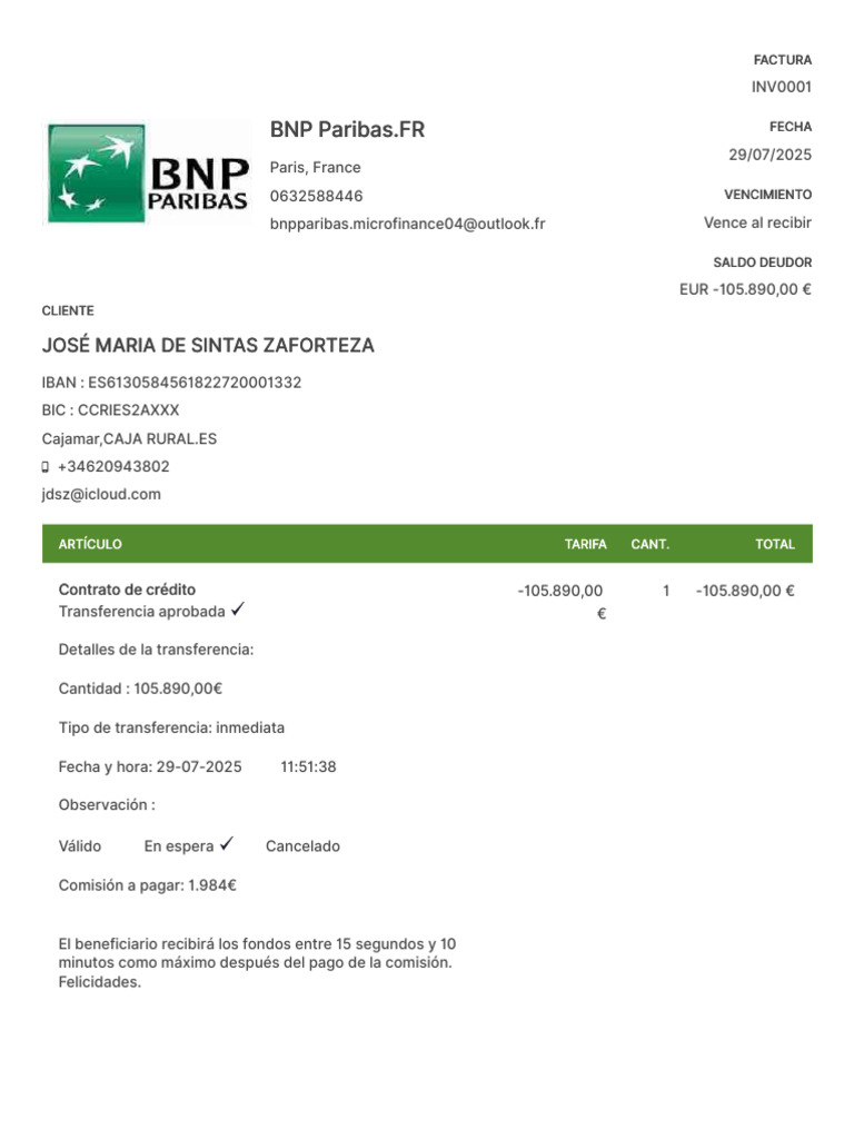 Factura de Transferencia BNP Paribas | PDF | Bancario
