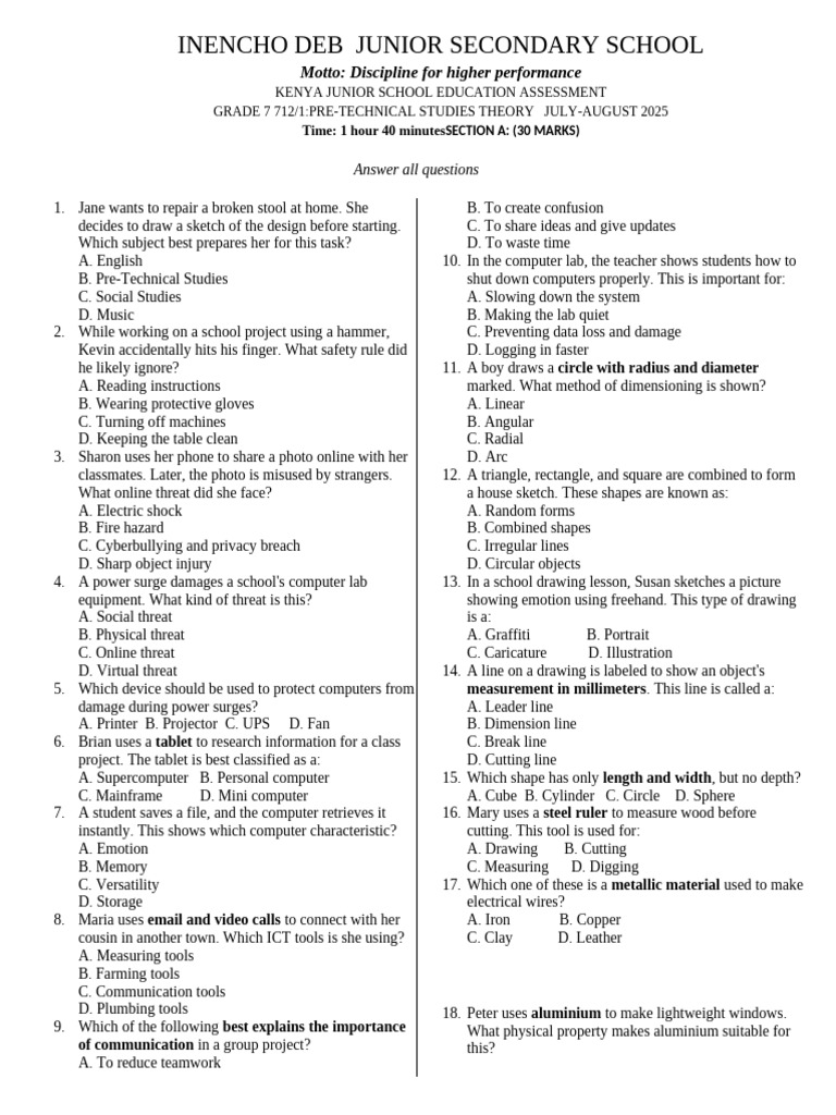 Grade 7 Pre-Technical Studies Exam | PDF | Drawing | Shape