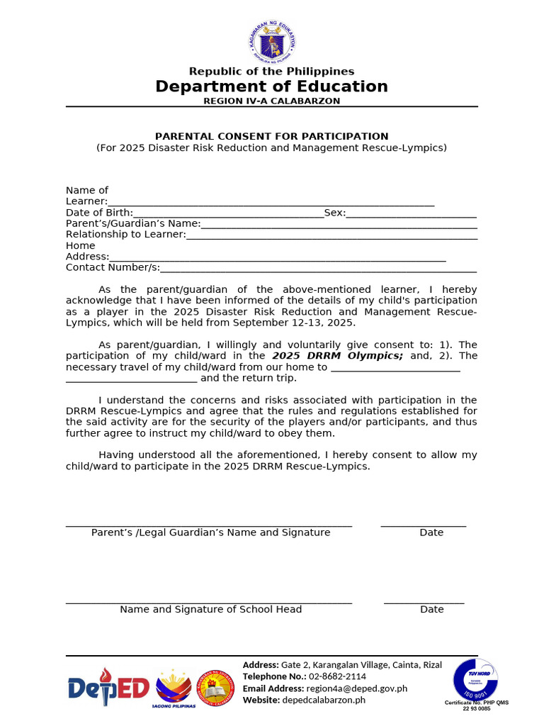 Parental Consent 2025 DRRM Rescue Lympics | PDF | Family | Social Institutions