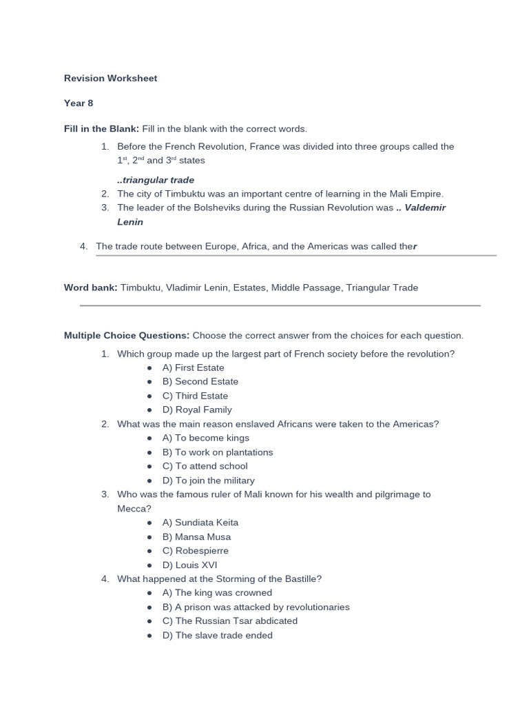 Year 8 History Revision Worksheet | PDF