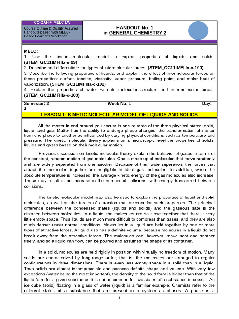 Handout Worksheet Week 1 | PDF | Intermolecular Force | Liquids