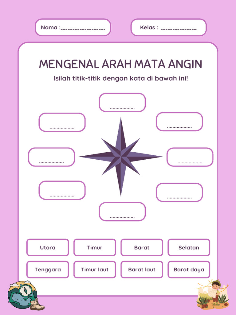 Mengenal Arah Mata Angin Di Kompas Lembar Kerja Ungu Gaya Sederhana ...