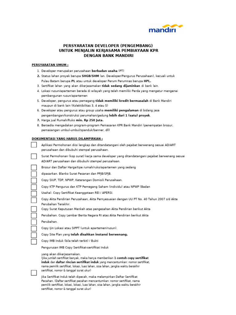 Form Aplikasi Kerjasama Developer BANK MANDIRI | PDF