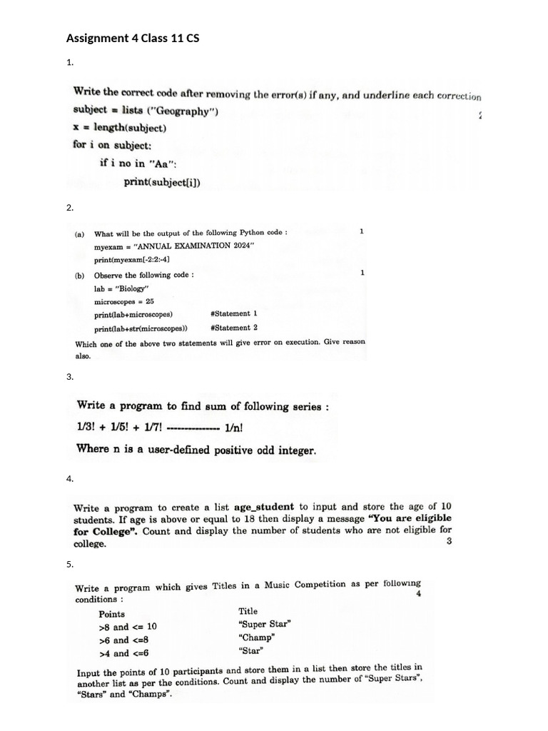Assignment 4 Class 11 CS | PDF