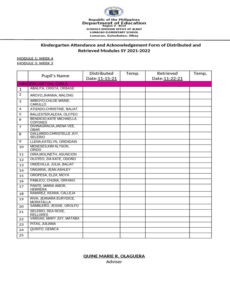 Kindergarten Attendance and Acknowledgement Form of Distributed and ...