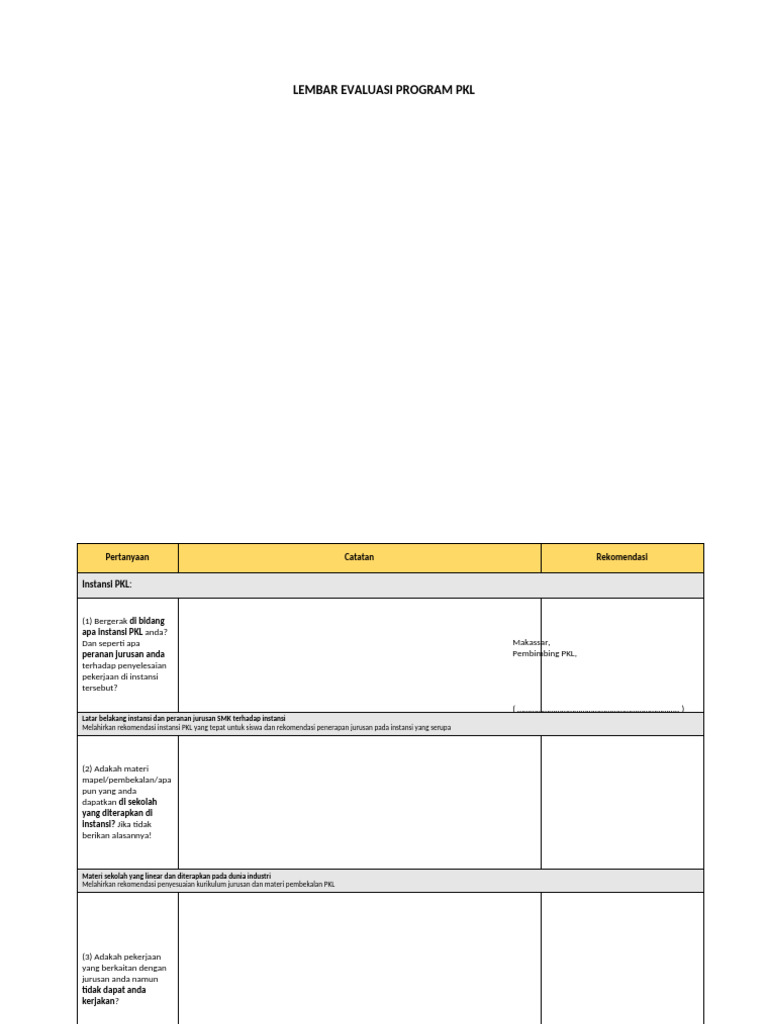 Lembar Evaluasi Program PKL | PDF