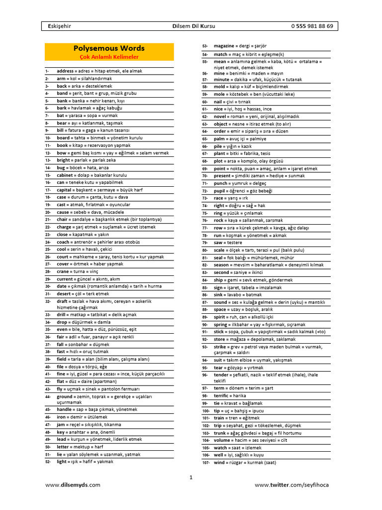 Polysemous Words - Çok Anlamlı Kelimeler | PDF