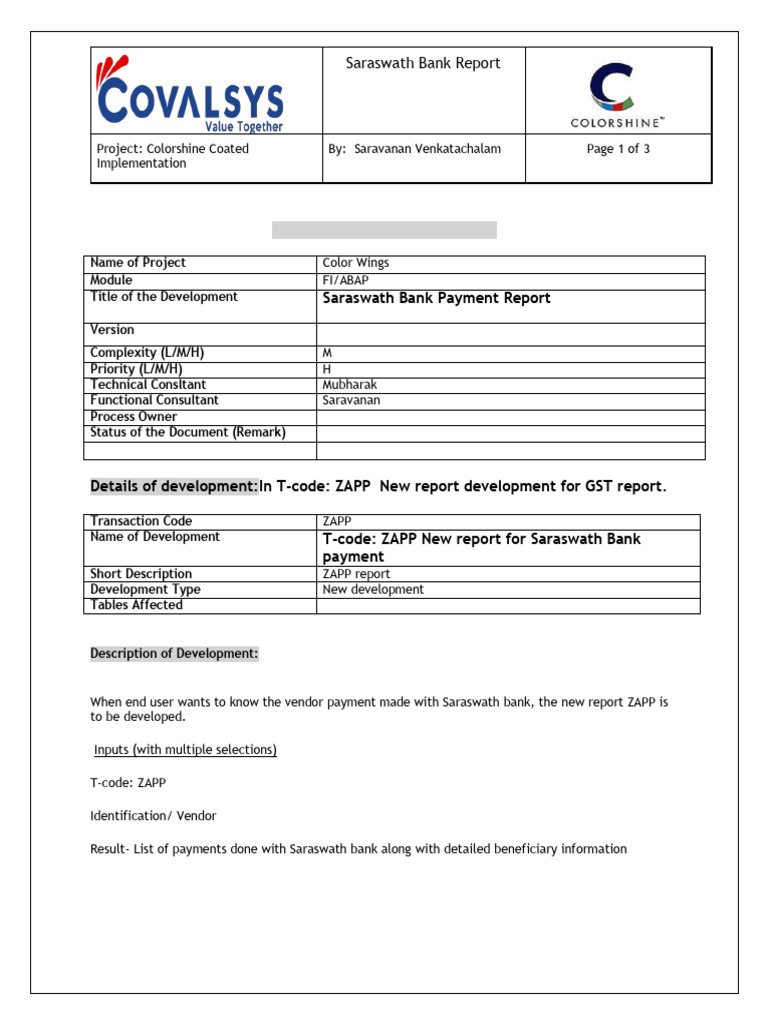 3.sarawath Bank Payment Report FS - Version 1.1 - Covalsys | PDF ...