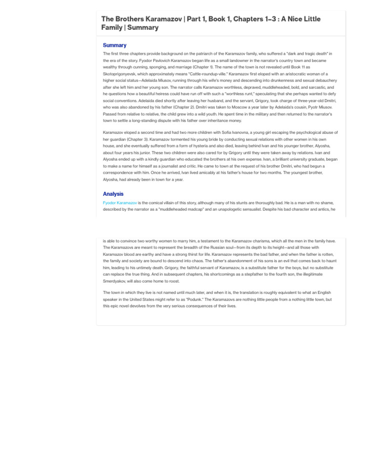 The Brothers Karamazov Part 1 Book 1 Chapters 1 3 Summary | PDF | The ...