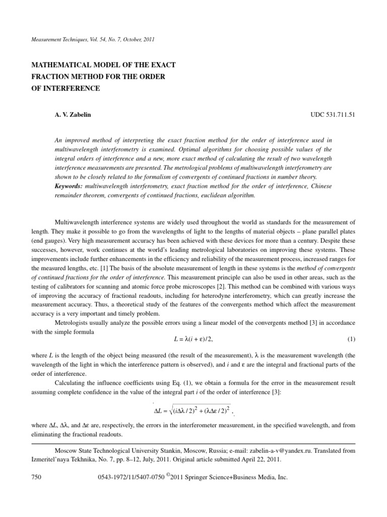 Mathematical Model of Exact Fraction Method For The Order of Interference | PDF | Interferometry ...