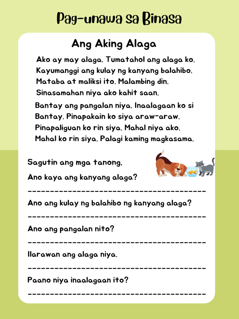 Green Simple Filipino Story Reading Comprehension Worksheet | PDF