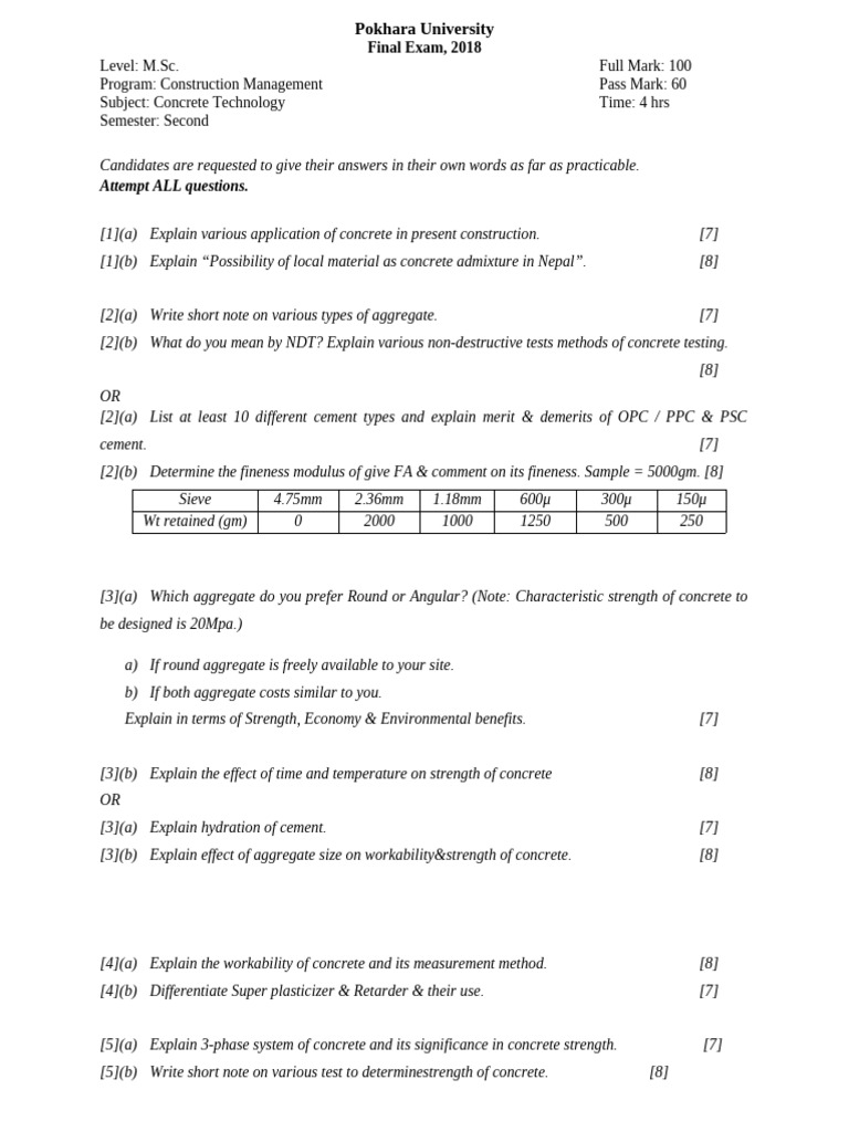 Concrete Technology Exam Questions 2018 | PDF | Concrete | Cement