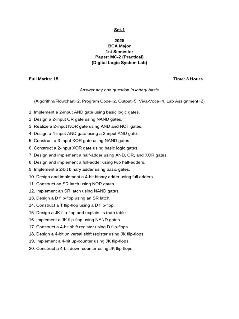 BCA 1st Sem: Digital Logic Lab Tasks | PDF