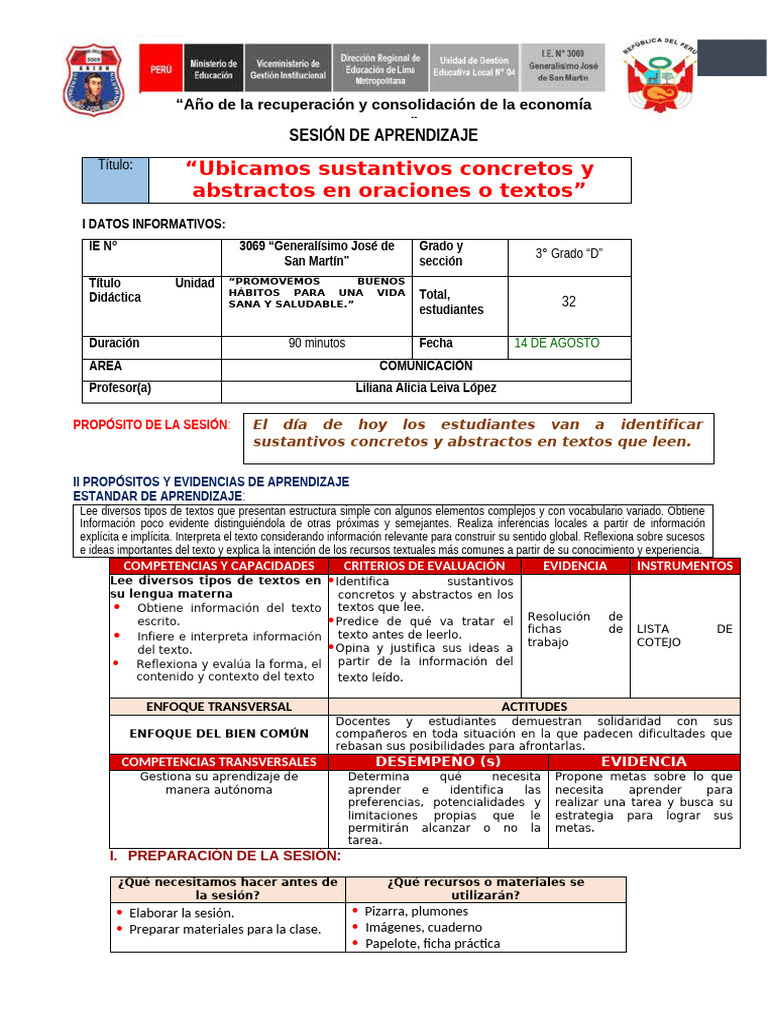 SESIÓN DE COMUNICACIÓN Ubicamos Sustantivos Concretos y Abstractos en ...