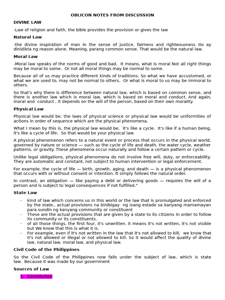 OBLICON Overview: Laws and Sources | PDF | Justice | Crime & Violence