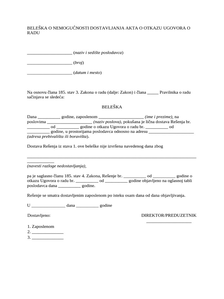Beleška o Nemogućnosti Dostavljanja Akta o Otkazu Ugovora o Radu | PDF