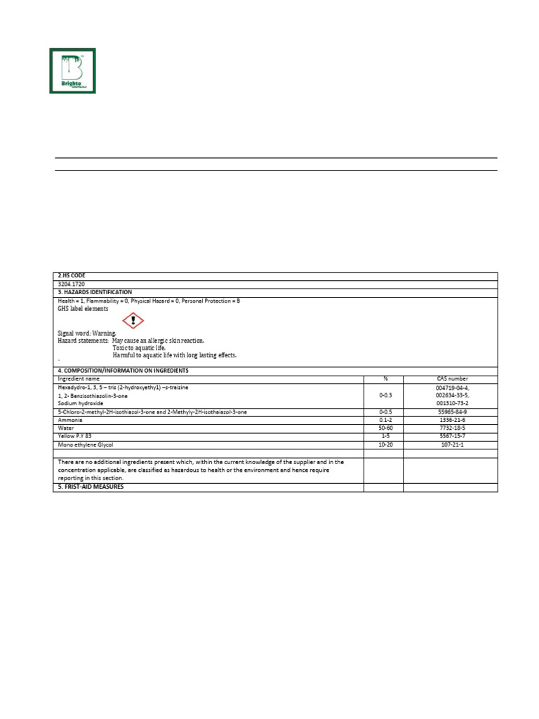 Brighto All Tint Medium Yellow MSDS | PDF | Dangerous Goods | Combustion