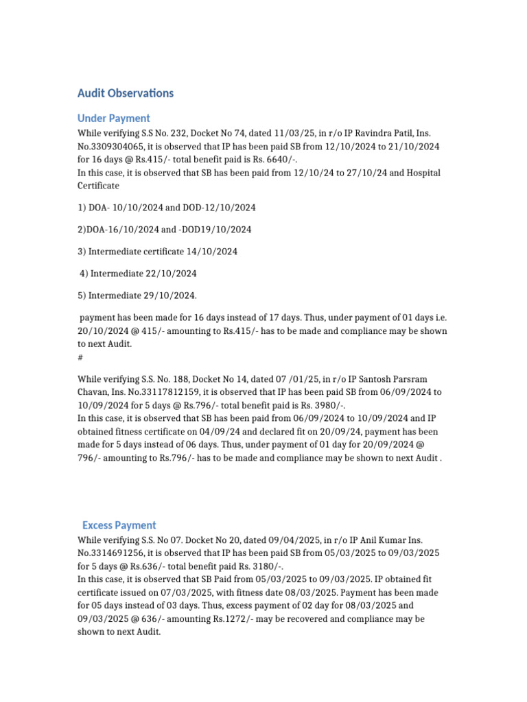 Audit Observations: Under Payment | PDF