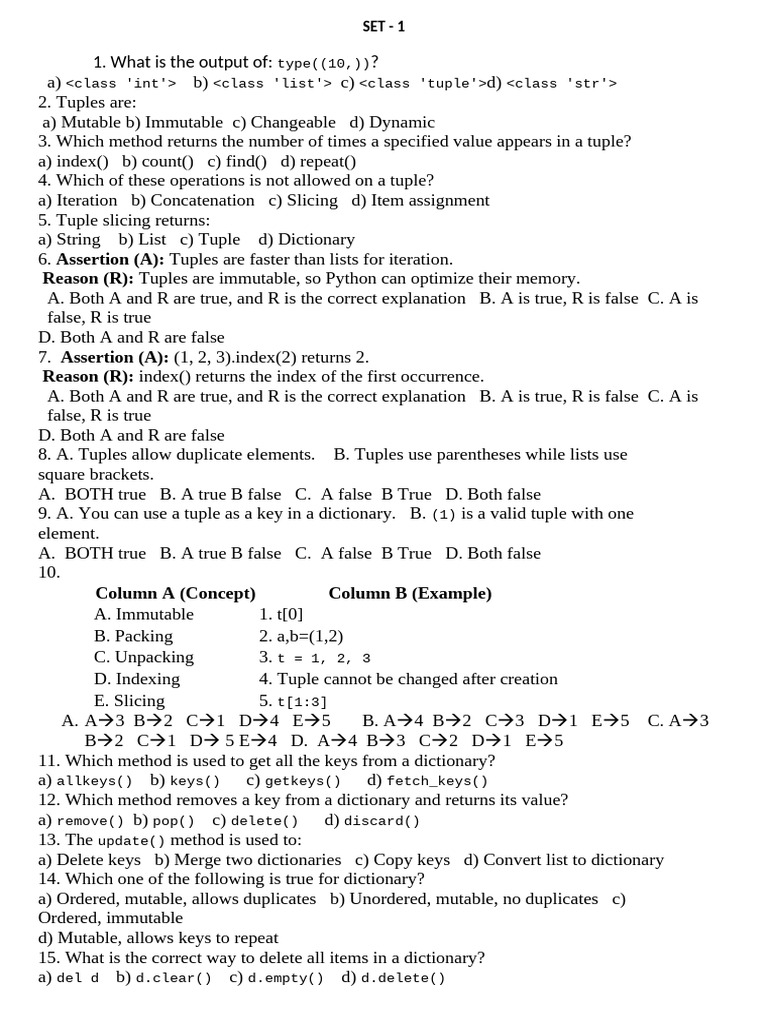 Python Tuples and Dictionaries Quiz | PDF | Computing | Software ...