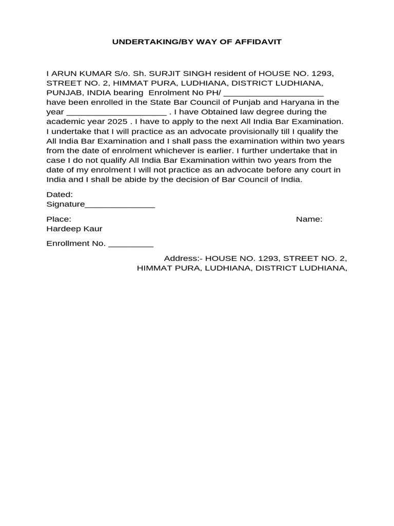 Advocate Enrollment Affidavit Form | PDF | Advocate | Punjab