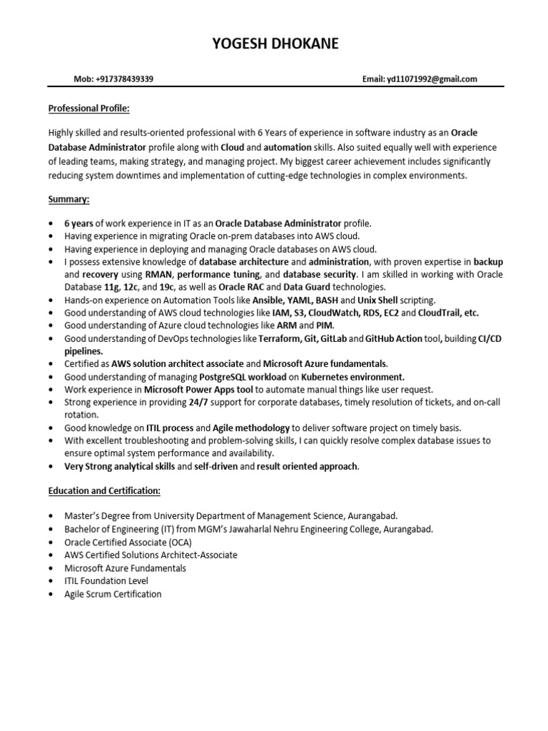 Oracle DBA with Cloud Expertise Resume | PDF | Computing | Data Management