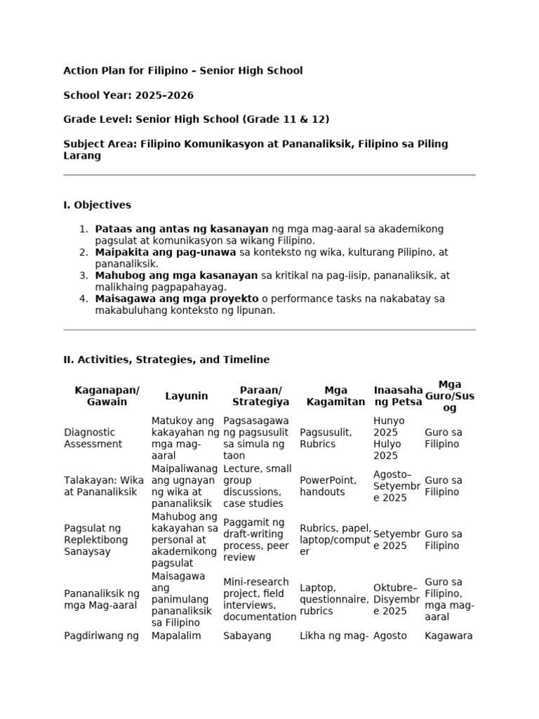 Action Plan For Filipino | PDF