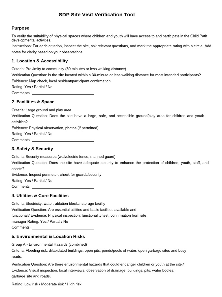SDP Site Visit Verification Checklist | PDF | Risk | Safety