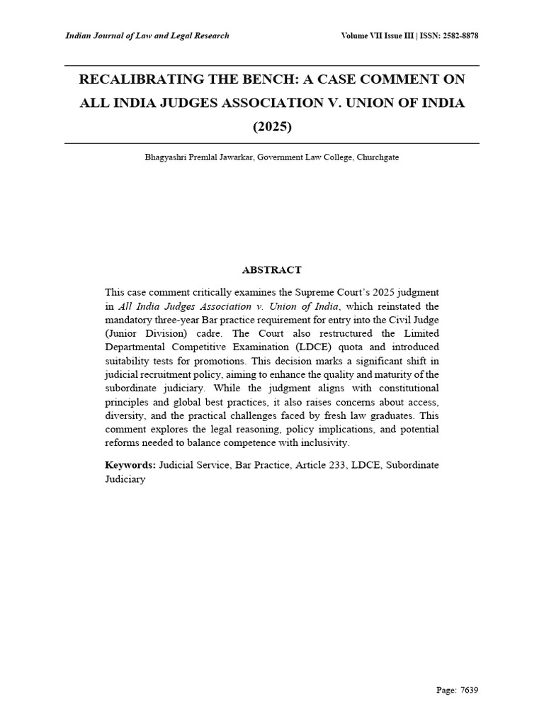 Recalibrating The Bench - A Case Comment On All India Judges ...