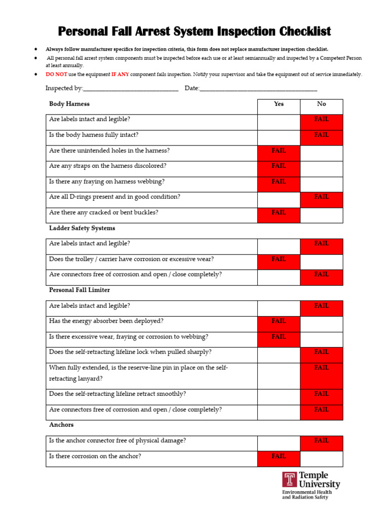 Personal Fall Arrest System Inspection Checklist | PDF | Safety